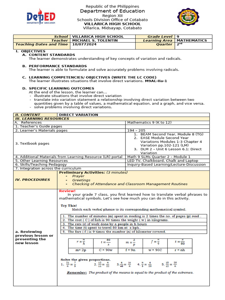 Direct Variation Lesson Plan for Grade 9 | PDF | Ratio | Quantity