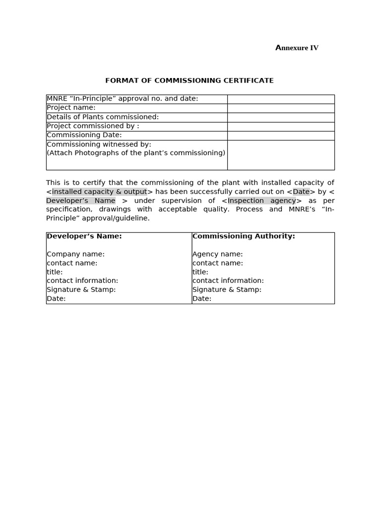 Commissioning Certificate Format | PDF