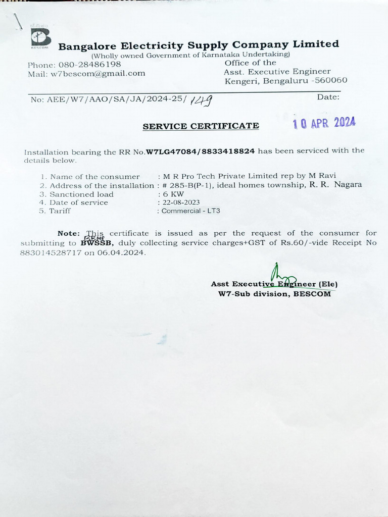 Bescom Service Certificate | PDF