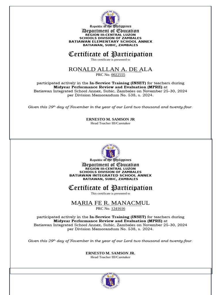 2024 Certificate of Appreciation BESA | PDF | Philippines