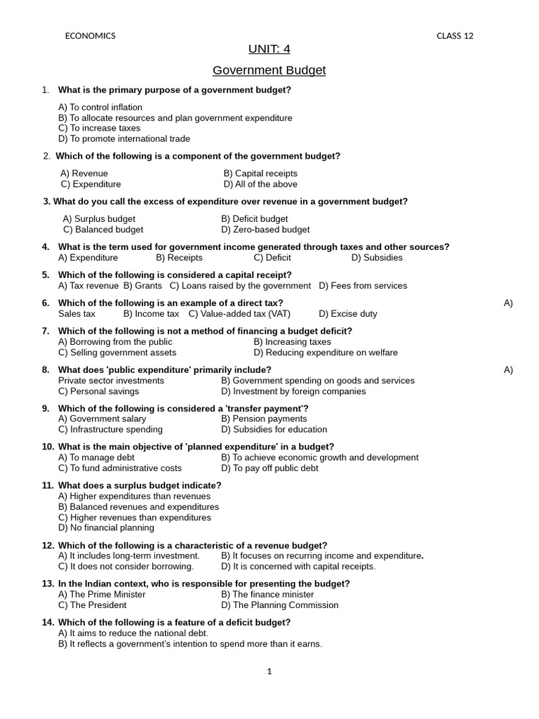 Government Budget Basics for Class 12 | PDF | Government Budget Balance ...