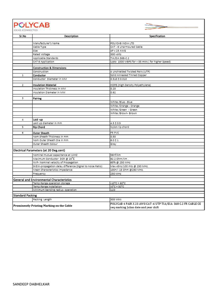 CAT-6 UTP Cable Data Sheet | PDF | Electronic Engineering | Electrical ...