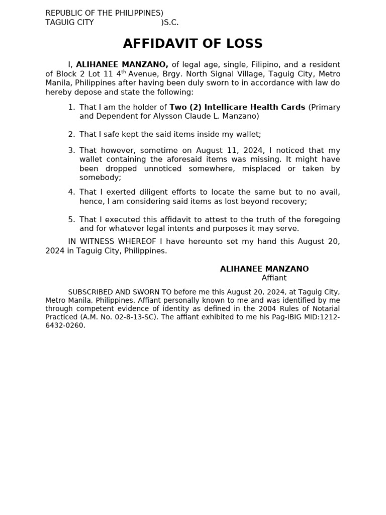 Affidavit of Loss for Intellicare Cards | PDF