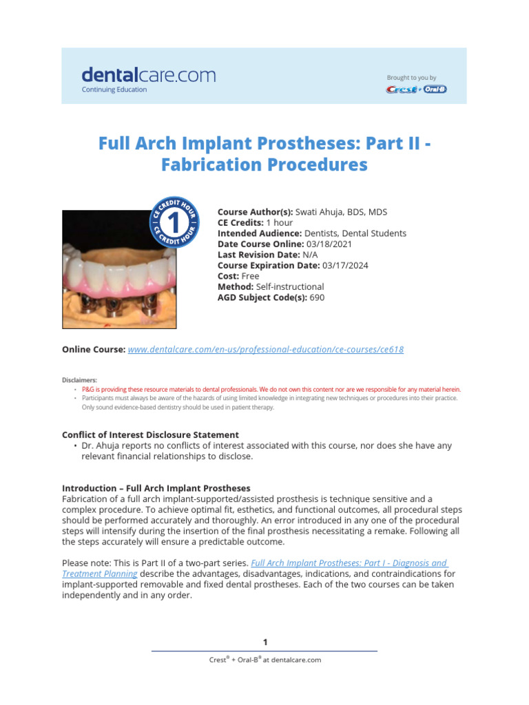 Full Arch Implant Prosthetics Swati Ahuja | PDF | Dental Implant | Dentures