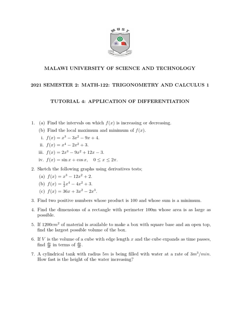 Tutorial 4 Application of Differentiation | PDF