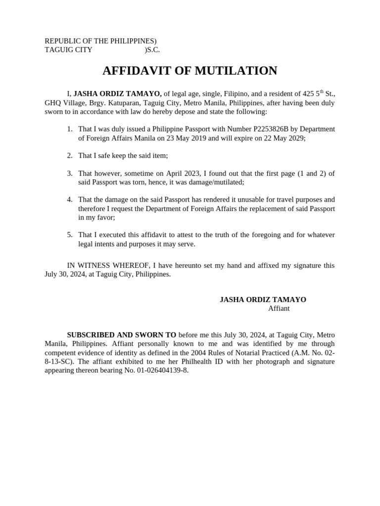 Affidavit of Passport Mutilation | PDF