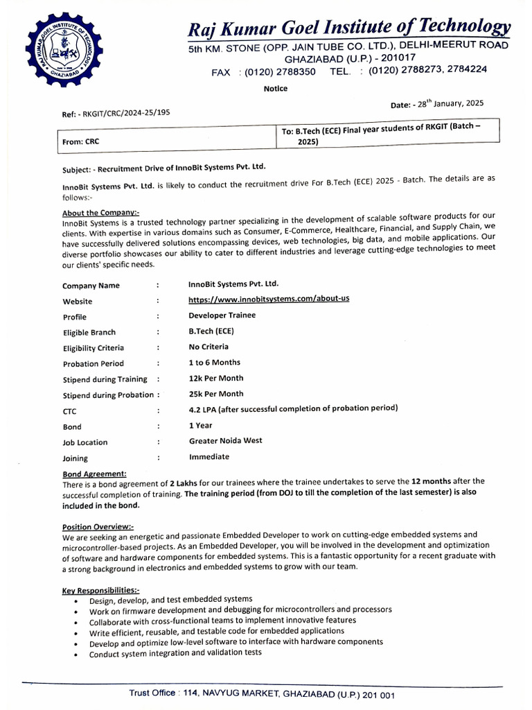 Notice - Recruitment Drive of InnoBit Systems Pvt. Ltd. for B.tech (ECE ...