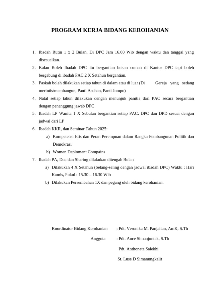 Program Kerja Bidang Kerohanian | PDF