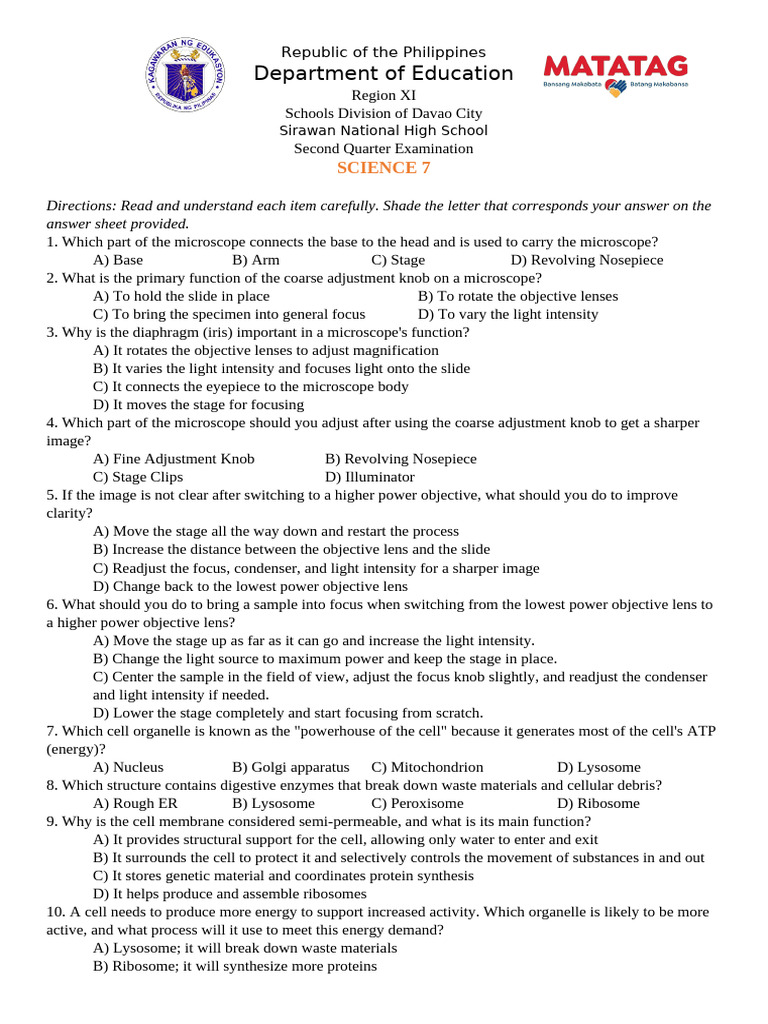 Science 7 Q2 Test Questions | PDF | Mitosis | Meiosis
