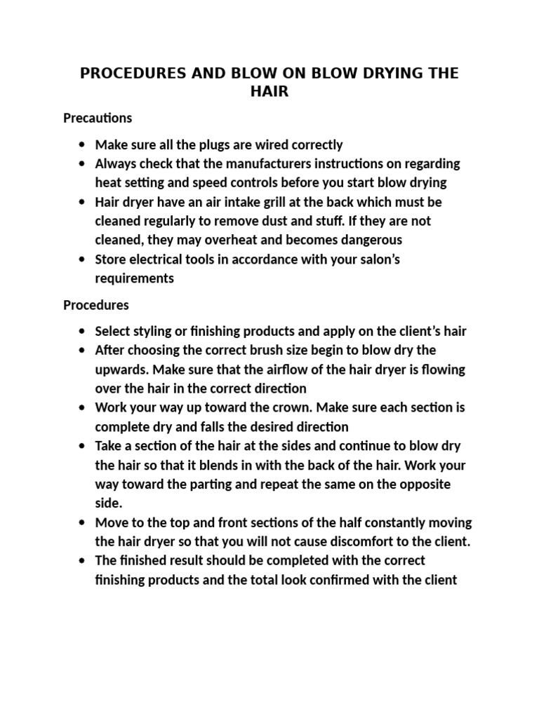Procedures and Blow On Blow Drying The Hair | PDF