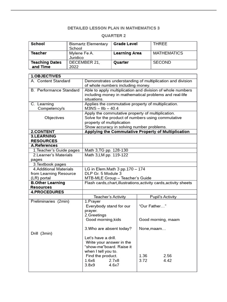 Grade 3 Math Lesson Plan: Multiplication | PDF | Lesson Plan | Mathematics