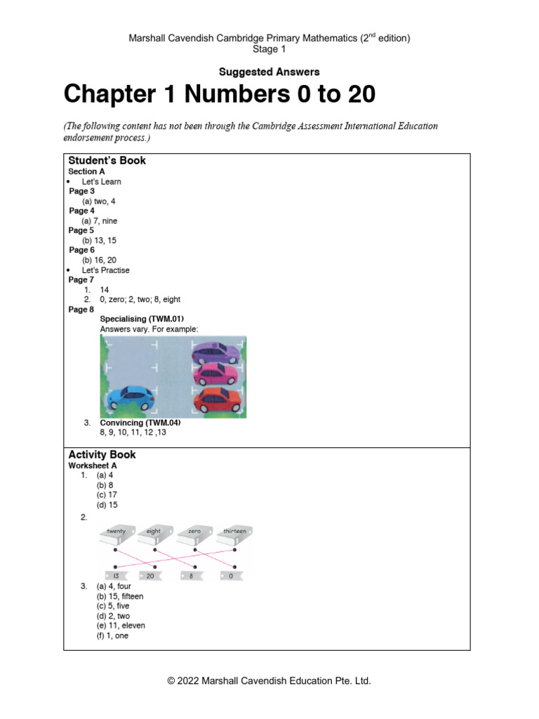 MCE Cambridge Primary Maths 2E Stage1 Suggested Answers C01 | PDF