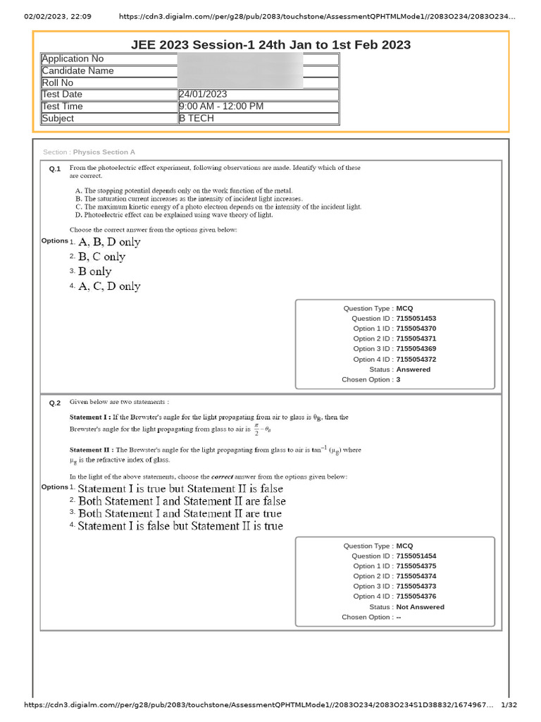 JEE Main 2023 24 January Shift 1 | PDF | Multiple Choice | Evaluation Methods