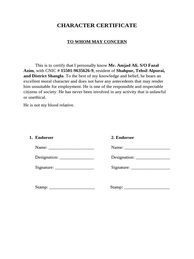 Character Certificate for Mr. Amjad Ali | PDF