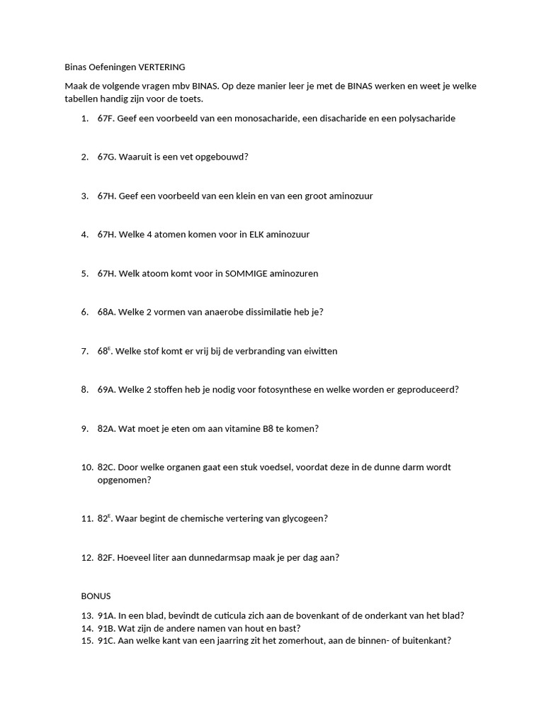 Binas Oefeningen Vertering | PDF