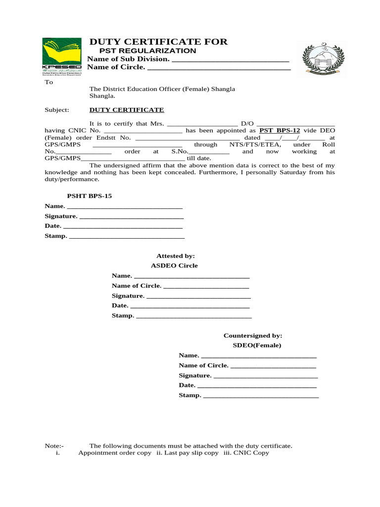 PST Regularization Duty Certificate | PDF