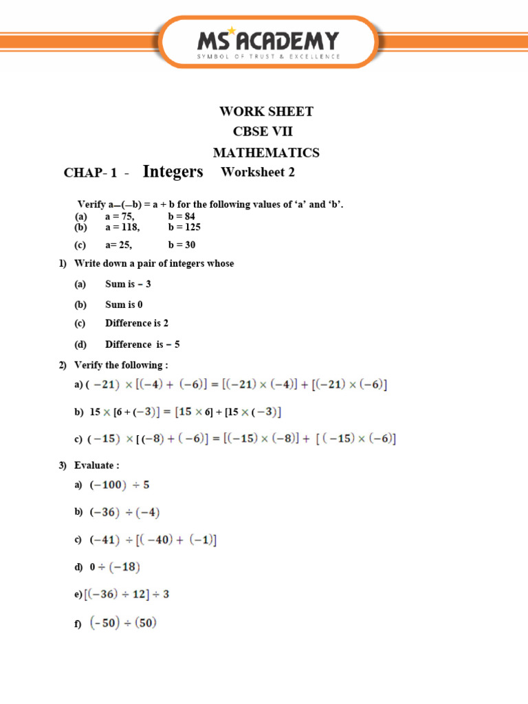 VII Maths Worksheet 2 - Integers | PDF | Mathematics