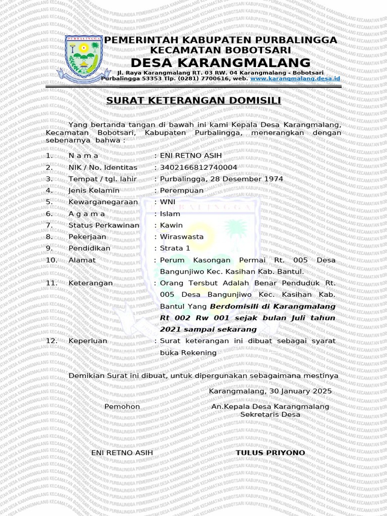 1. Suket Domisili Eni Retno Asih | PDF