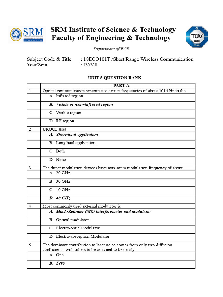 Unit 5 Question Bank | PDF | Ultra Wideband | Optics