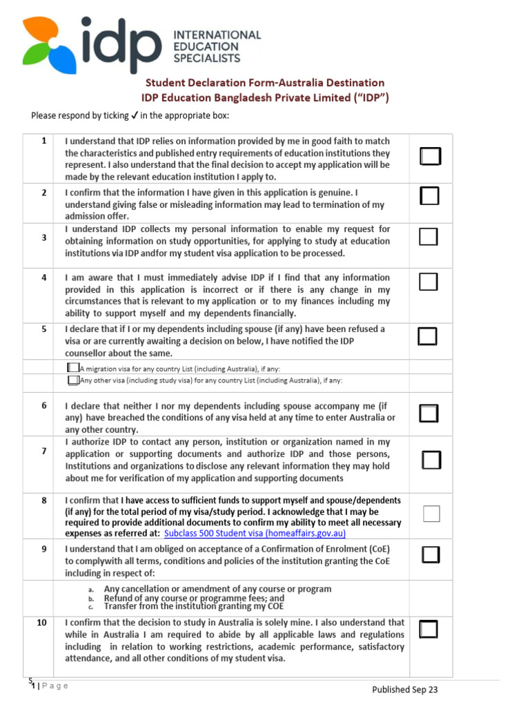 IDP Student Declaration Form | PDF | Travel Visa | Justice