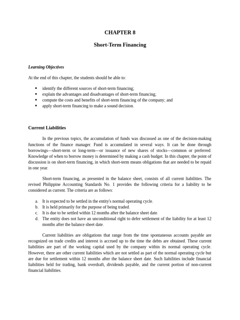 CHAPTER 8 - Short Term Financing | PDF | Interest | Loans