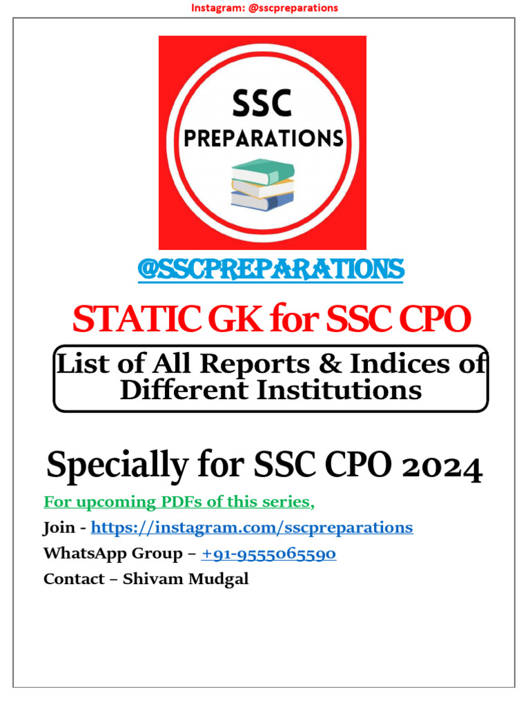 List of All Reports & Indices of Different Institutions For SSC | PDF ...