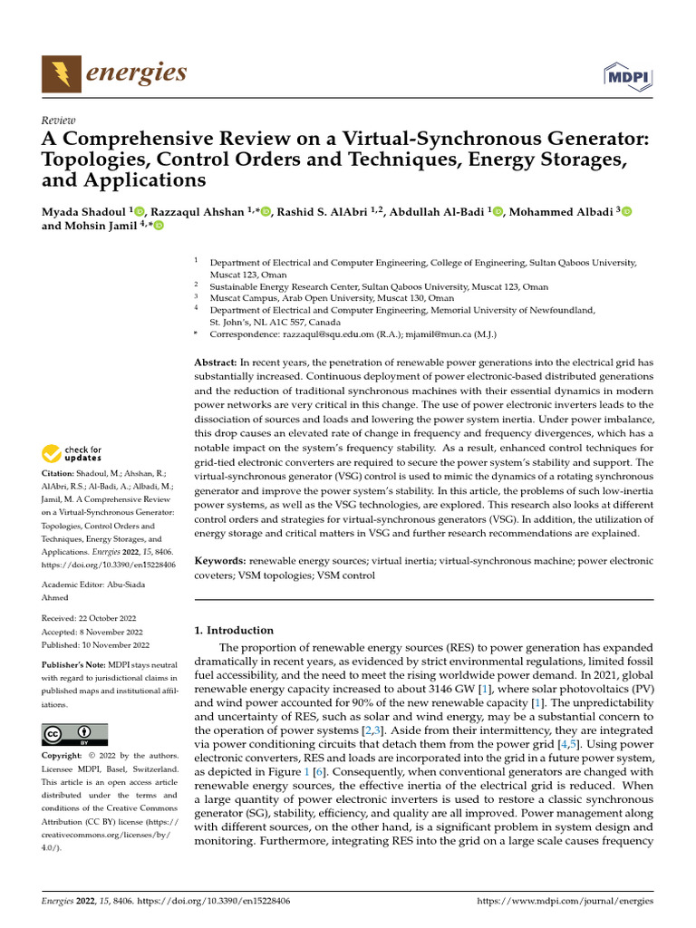 A Comprehensive Review on a Virtual-Synchronous Generator Topologies, Control Orders and ...