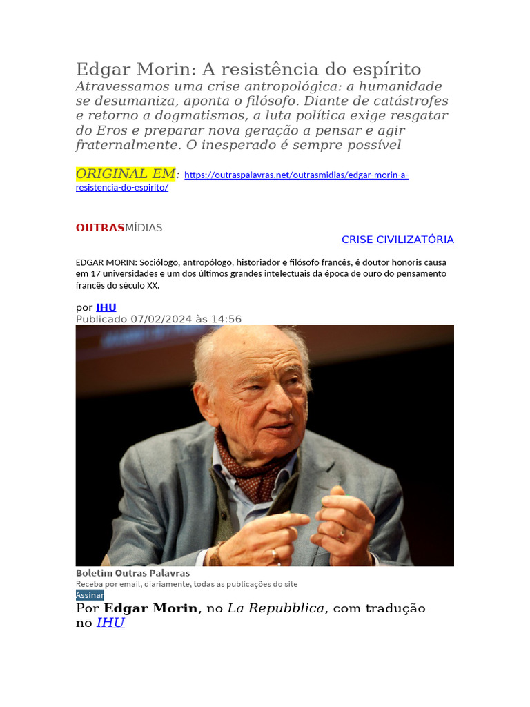 Edgar Morin TEXTO _e0392563f56e5bfd96ffb91936a951c9 | PDF | Mundo ocidental | Israel