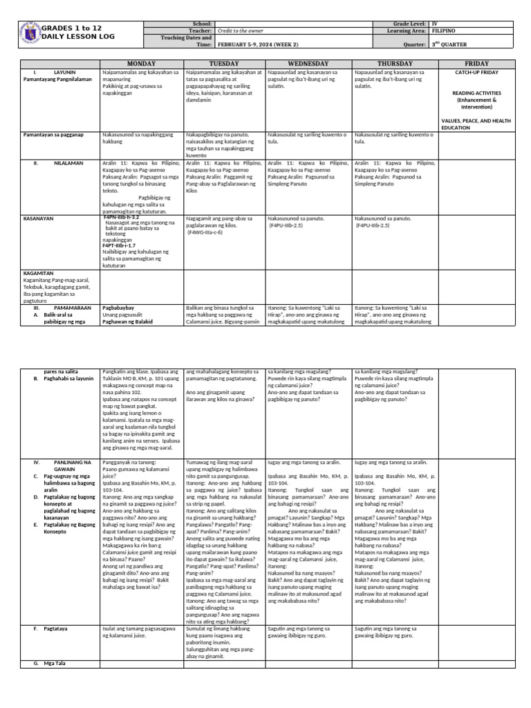 DLL - Filipino 4 - Q3 - W2 | PDF