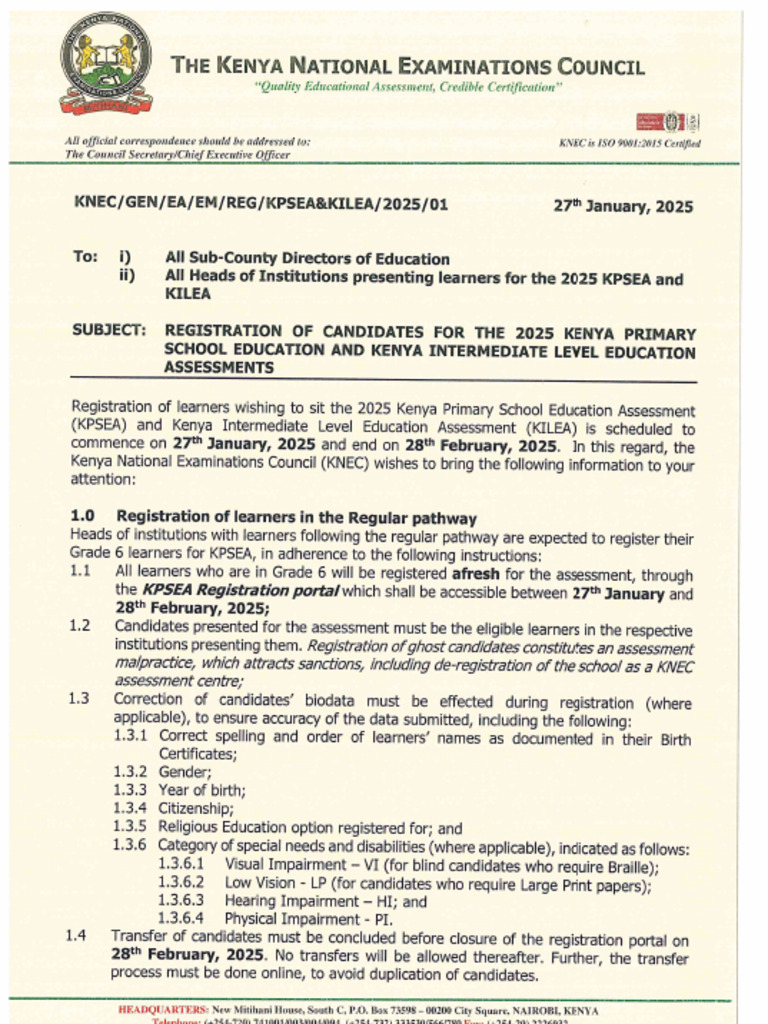 REGISTRATION OF CANDIDATES FOR THE YEAR 2025 KPSEA AND KILEA | PDF
