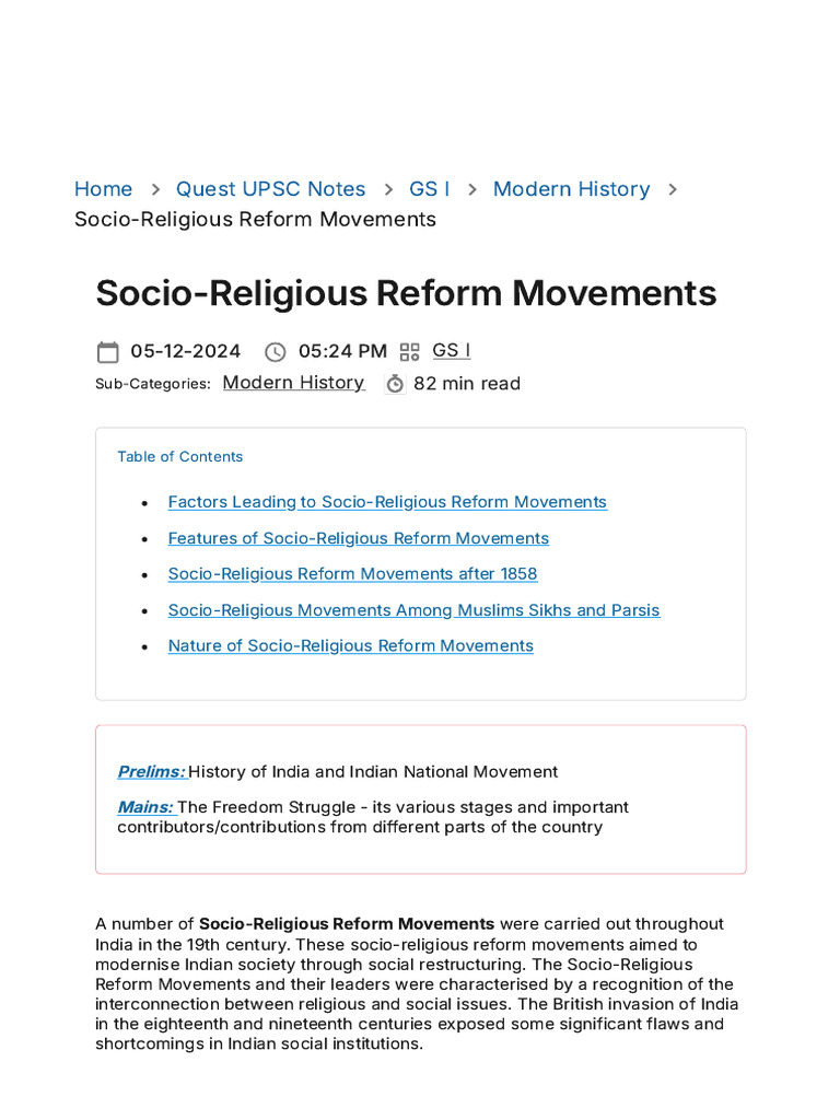 Socio-Religious Reform Movements - Causes, Leaders, Features | PDF ...