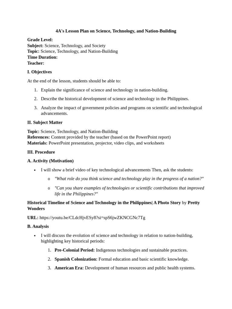 4As Lesson Plan (1) | PDF | Science | Philippines