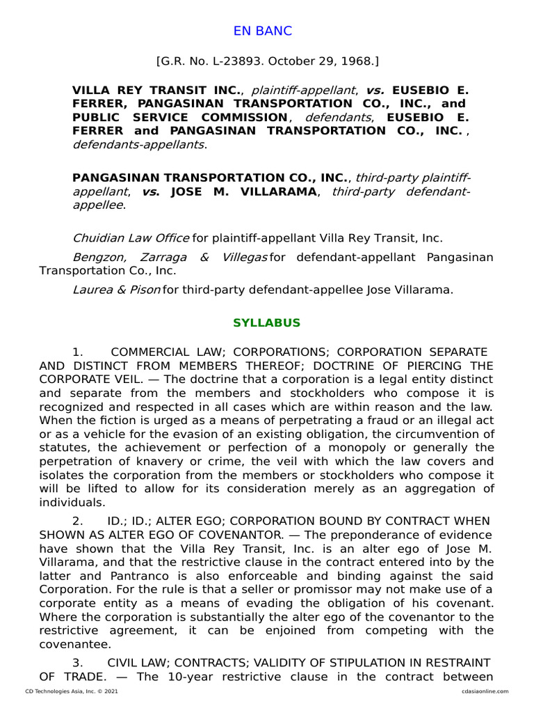 Villa Rey Transit, Inc. V Ferrer, Et Al., L-23893, 29 Oct 1968, 25 SCRA ...