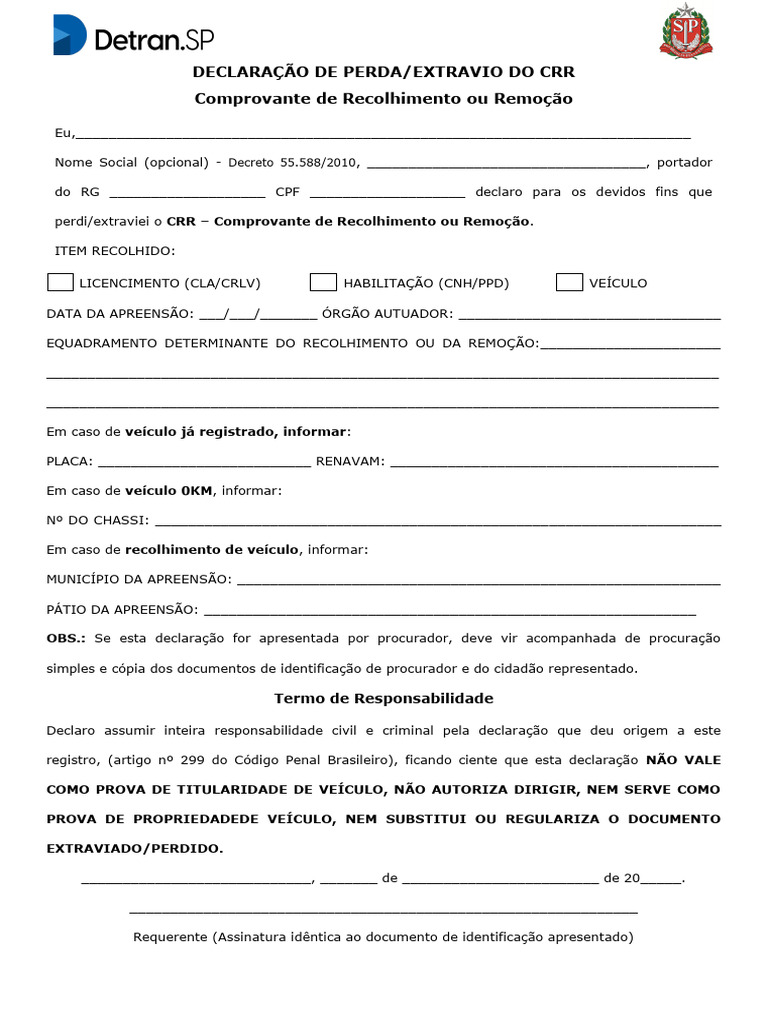 Declaração de Extravio CRR | PDF