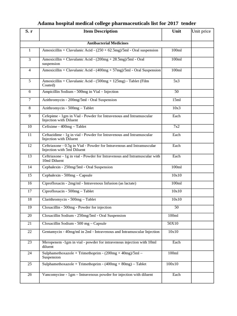 2017 Adama Hospital Pharma Tender List | PDF | Serology | Syringe