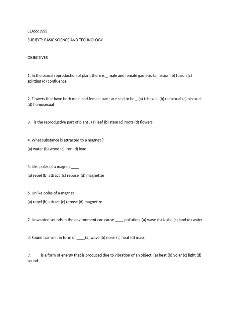 JSS2 Third Term Basic Science Exam Questions | PDF | Heat Transfer ...