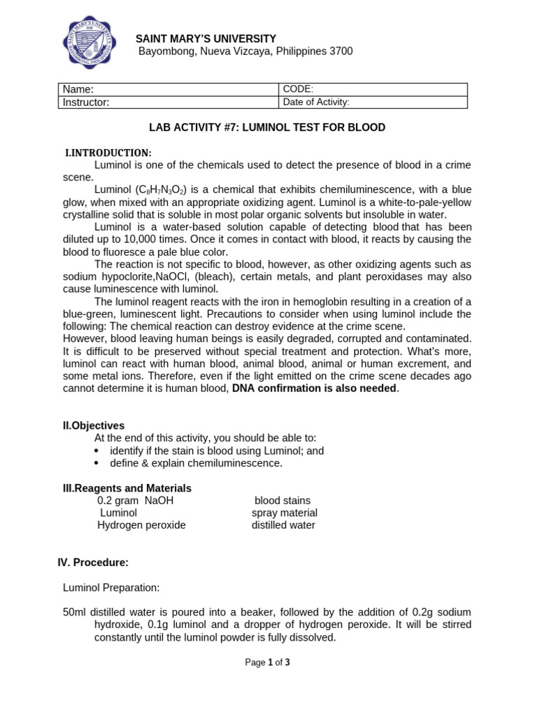 Luminol Blood Detection Lab Guide | PDF | Chemical Substances | Chemistry
