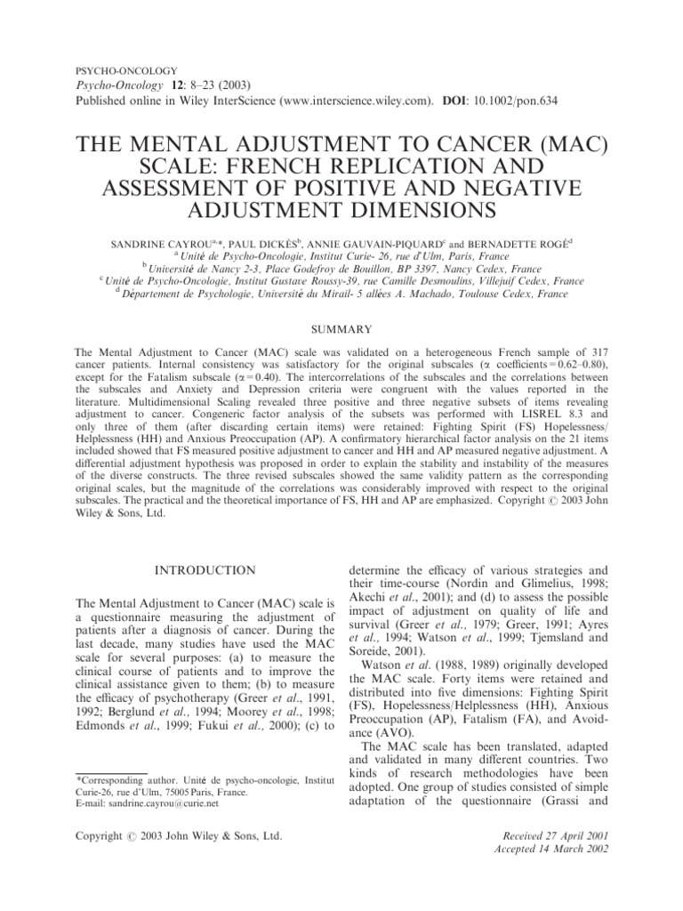 The Mental Adjustment To Cancer Scale - French Replication and ...