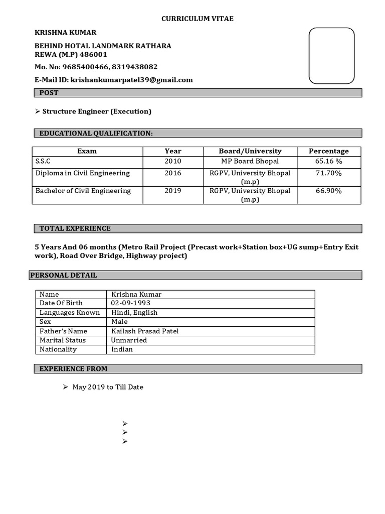 CV-EL-Civil Engineer-Krishna Kumar Patel | PDF | Deep Foundation | Concrete