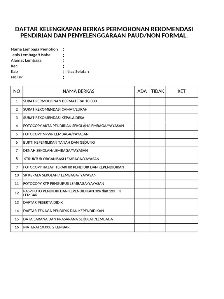 Daftar Ceklis Berkas Izin Rekomendasi | PDF