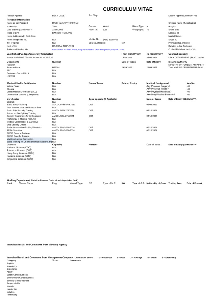 CV - Deck Cadet MR - Chatrip | PDF | Shipping