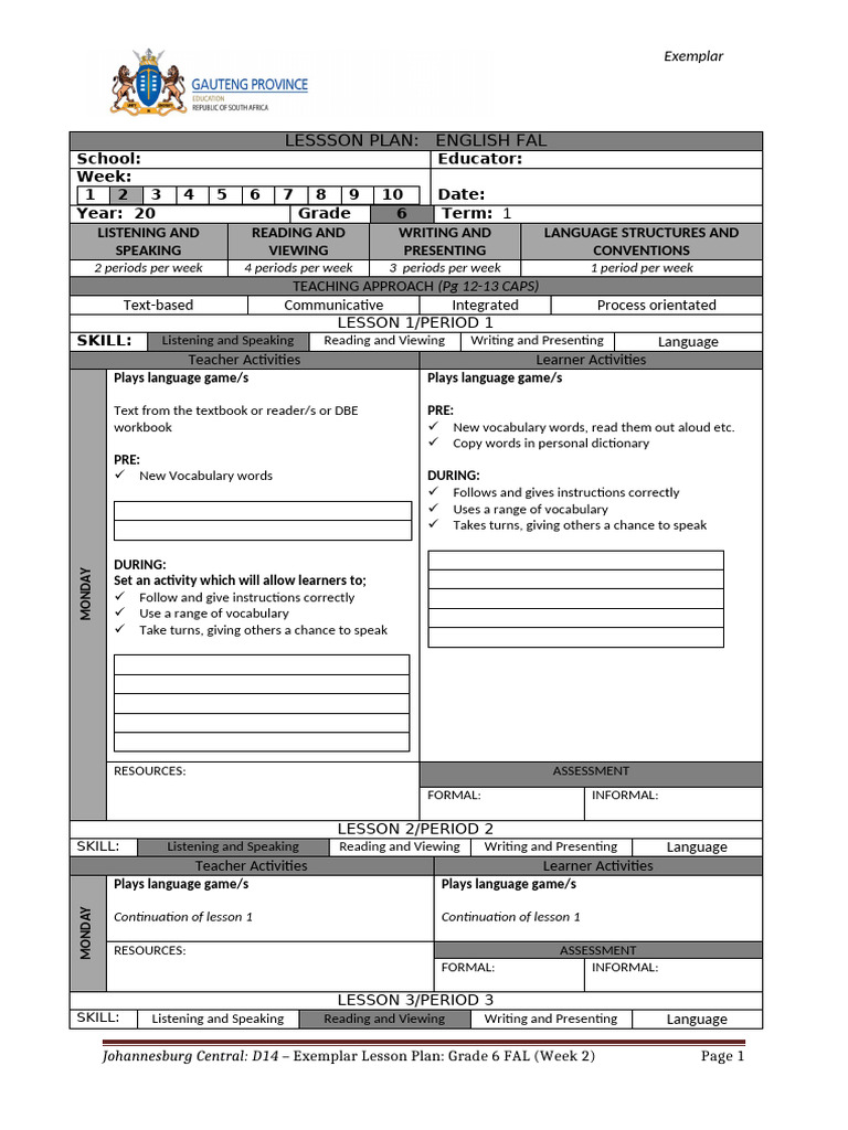 Grade 6 FAL Lesson Plan Overview | PDF | Reading Comprehension | Vocabulary