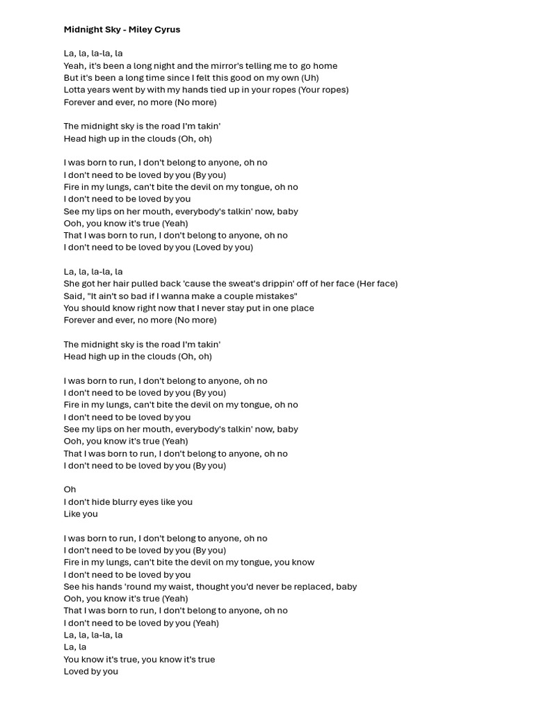 Midnight Sky Lyrics by Miley Cyrus | PDF