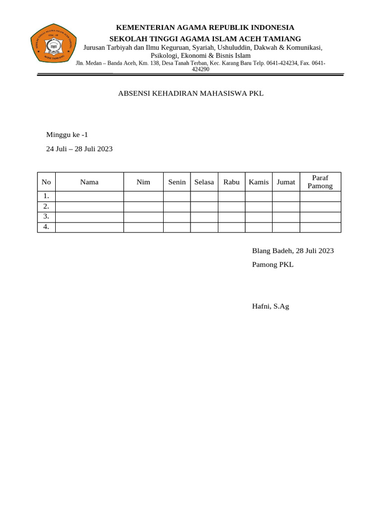 ABSENSI KEHADIRAN MAHASISWA PKL | PDF