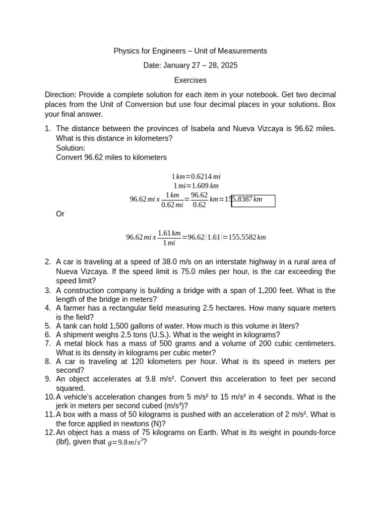 Exercise 1 - Physics For Engineers Unit of Measurements Assignment January 27 - 28, 2025 | PDF ...