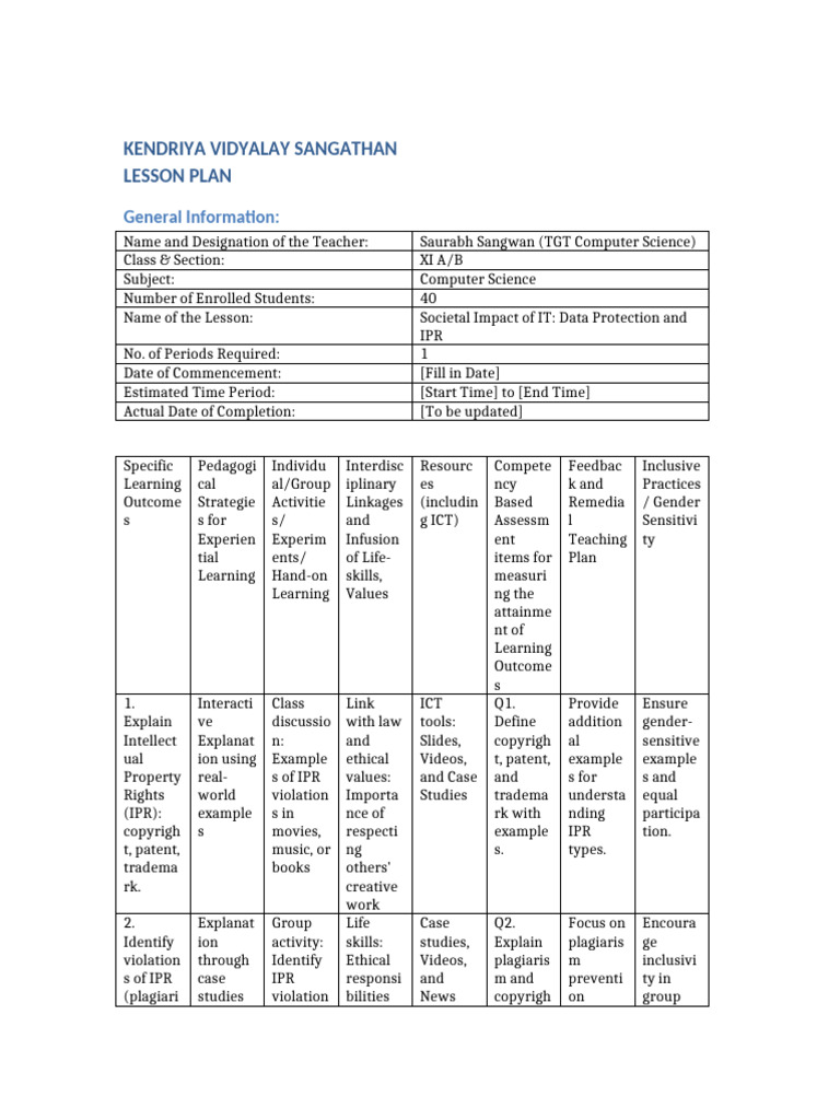 Lesson Plan Data Protection | PDF