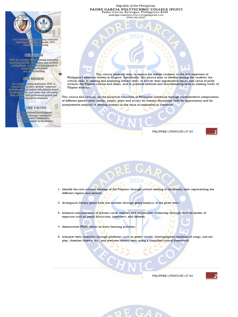 LIT 101 Philippine Literature SYLLABUS | PDF | Genre | Liberal Arts Education