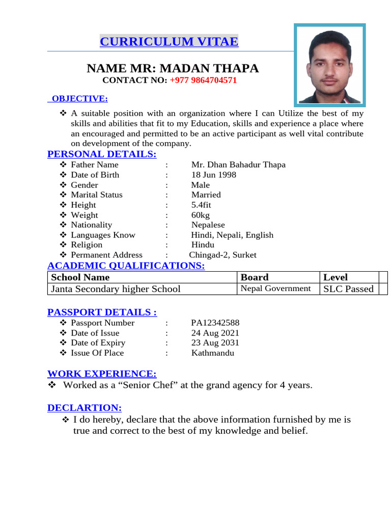 Name MR: Madan Thapa: Curriculum Vitae | PDF