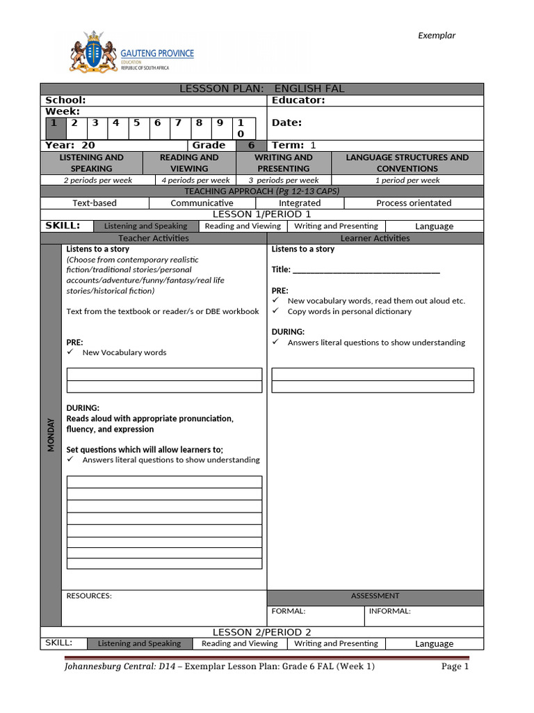 Grade 6 English FAL Lesson Plan | PDF | Vocabulary | Fluency