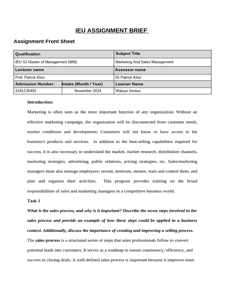 Marketing and Sales Management Assignment | PDF | Consumer Behaviour ...